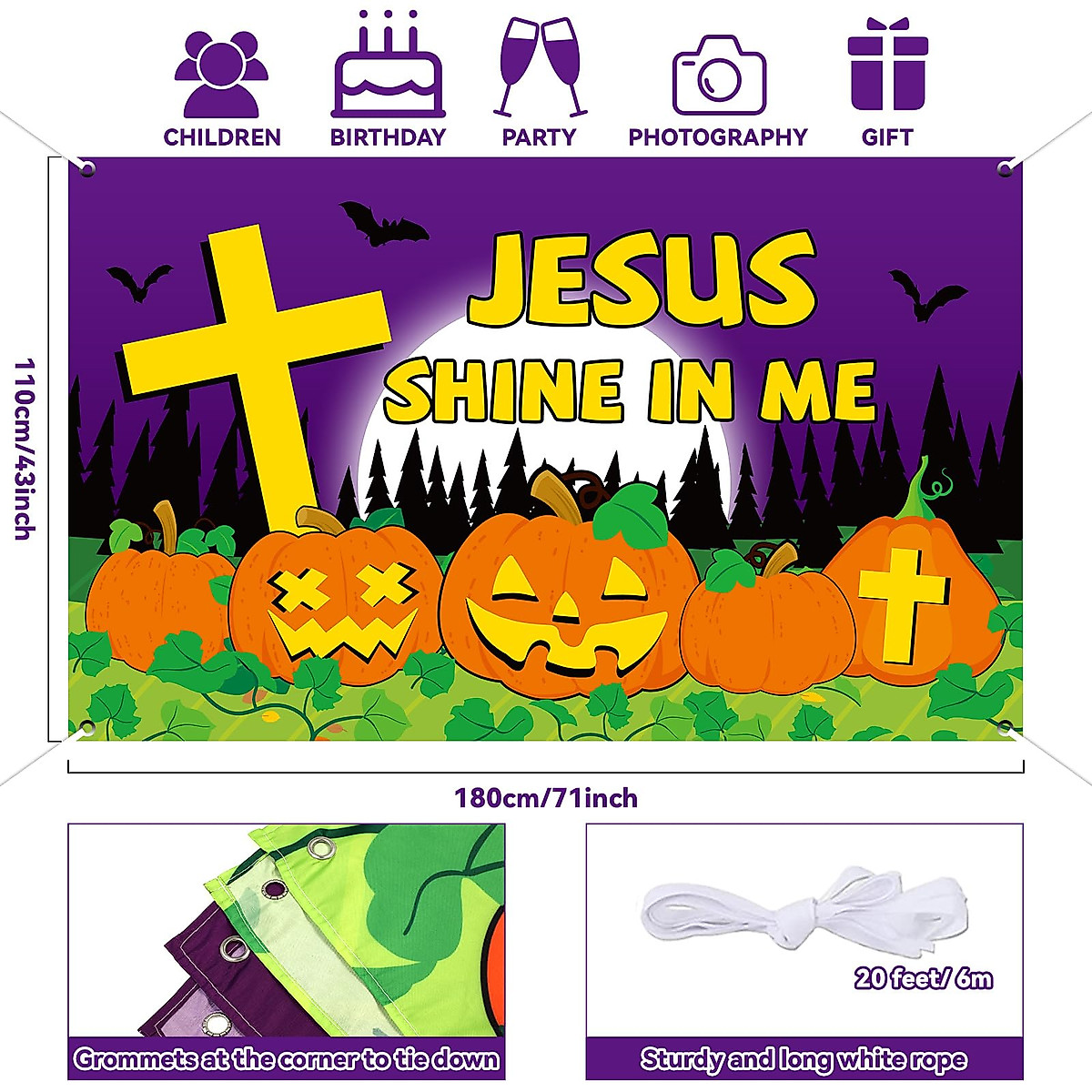 Halloween Christian Pumpkin Backdrop Banner Let Jesus Light Your Way Party Decor Halloween Jesus Pumpkin Background Wall Decor Halloween Religious Supplies for Kids Sunday School Decor 71 x 43 inch