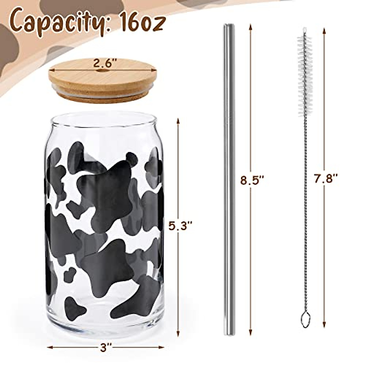 Nefelibata Cow Print Beer Can Glass with Bamboo Lid Metal Straw and Cleaning Brush 16oz Iced Coffee Cup Tumbler Glass Tea Milk Soda Cute Animal Mug Gifts for Cow Lovers Kitchen Bar Summer