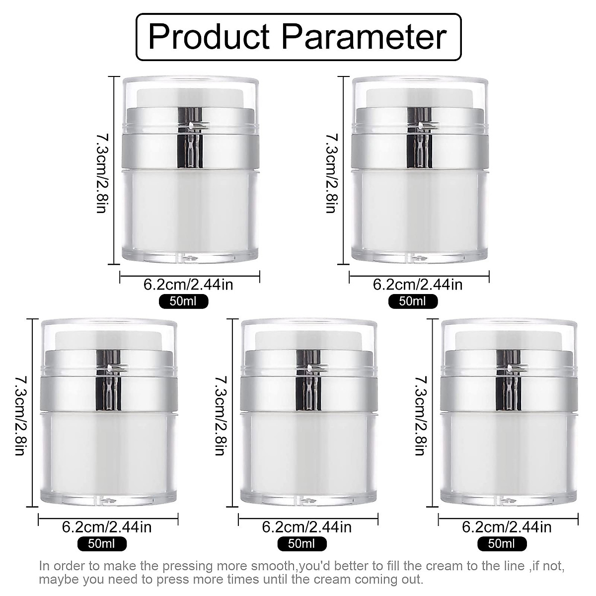 Airless Pump Jar, 5PCS Cream Jar Vacuum Bottle Refillable Travel Containers for Toiletries, Airless Pump Bottles for Lotions And Creams(1.7Oz/50ml)