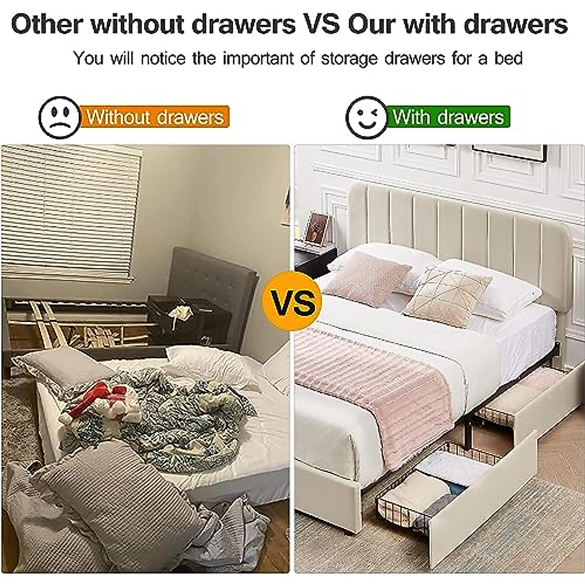 VECELO Full Size Upholstered Bed Frame with 4 Drawers and Adjustable Headboard, Velvet Platform Storage Bedframe Mattress Foundation, Wooden Slats Support, No Box Spring Needed, Beige