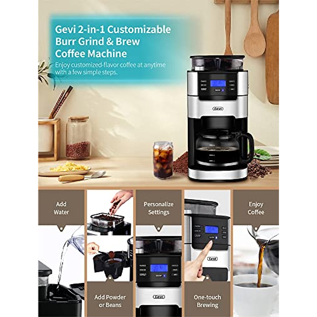 10-Cup Drip Coffee Maker, Grind and Brew Automatic Coffee Machine with Built-In Burr Coffee Grinder, Programmable Timer Mode and Keep Warm Plate, 1.5L Large Capacity Water Tank,900W, Black