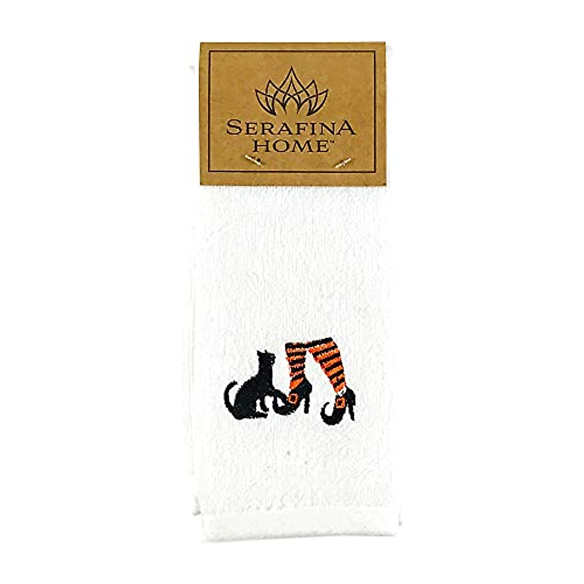 Serafina Home Decorative Halloween Fingertip Towels: Plush White Embroidered Cotton Witch Shoes with Cat Design, 2 Piece Set, 11" x 18" Inch Each (White)
