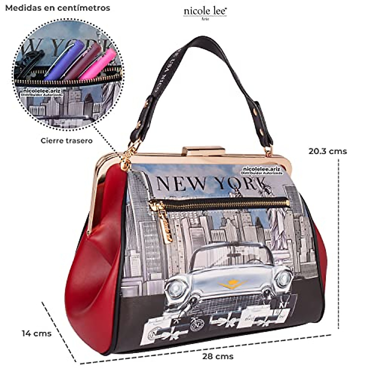Nicole Lee Success in New York Handbag, Push Lock Closure, Embellished NYC City Bag with Optional Crossbody Strap