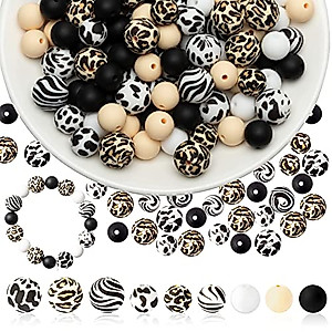 121Pcs Silicone Beads 12mm Necklace Silicone Beads Keychain Earring Making Leopard Cow Print Silicone Round Beads and 15mm Round Shaped Beads for Jewellery Making DIY Crafting