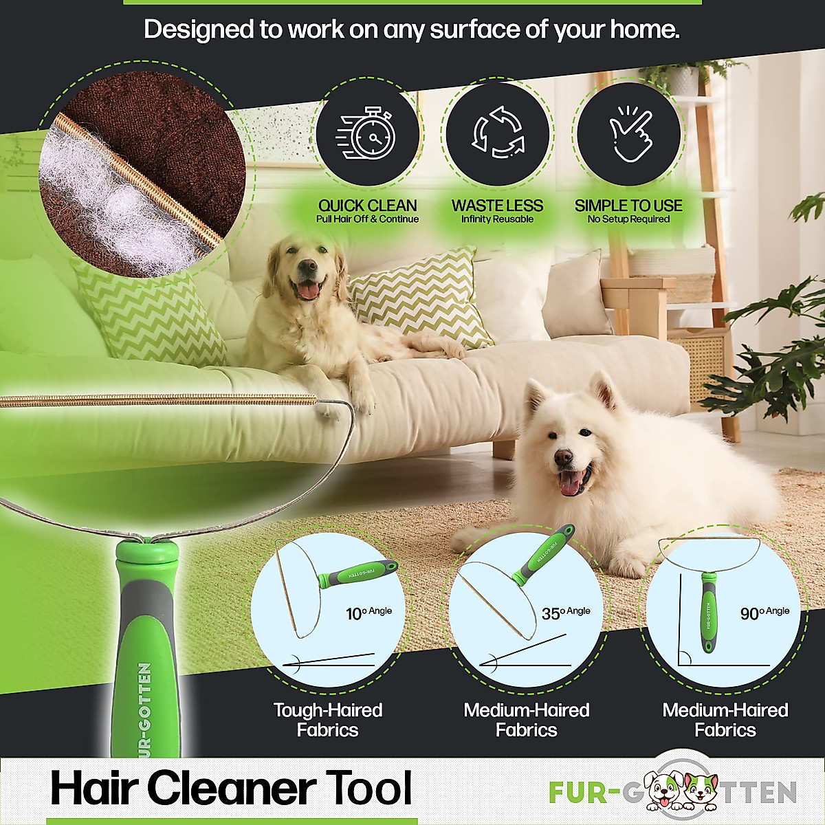 Pet Hair Remover - Reusable Dog Hair Remover and Cat Hair Remover | Pet Hair Remover for Couch, Furniture, Carpet, Car Seats or Bedding | Pet Hair Removal Tool with Carpet Scraper by FUR-GOTTEN