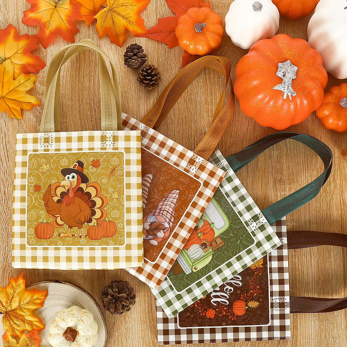 AnyDesign Fall Reusable Gift Bag Pumpkin Turkey Gnome Tote Bags with Handles Autumn Party Treat Bag Grocery Shopping Bag Waterproof Non-Woven Bags for Fall Thanksgiving Pumpkin Patch Party, 8 Pack