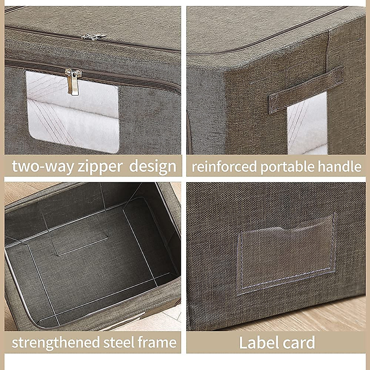 BESTUNIHOM Stackable Oxford Storage Bins with Transparent Windows for Clothing, Quilts, Blankets, Foldable Bedroom Storage Closet Organizers, 2 Pcs Brown 60L SNX-NJB012PBR60