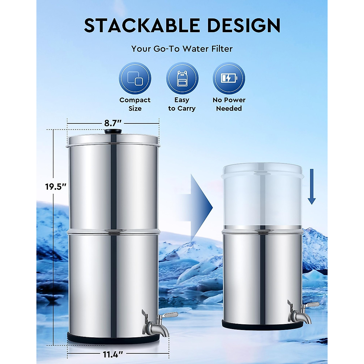 CO-Z Gravity-Fed Water Filter System, 2.25 Gallons Countertop Water Filtration System, 304 Stainless Steel Gravity Water Purifier with 2 Carbon Filters & Water Spigot, NSF/ANSI 42 Certification