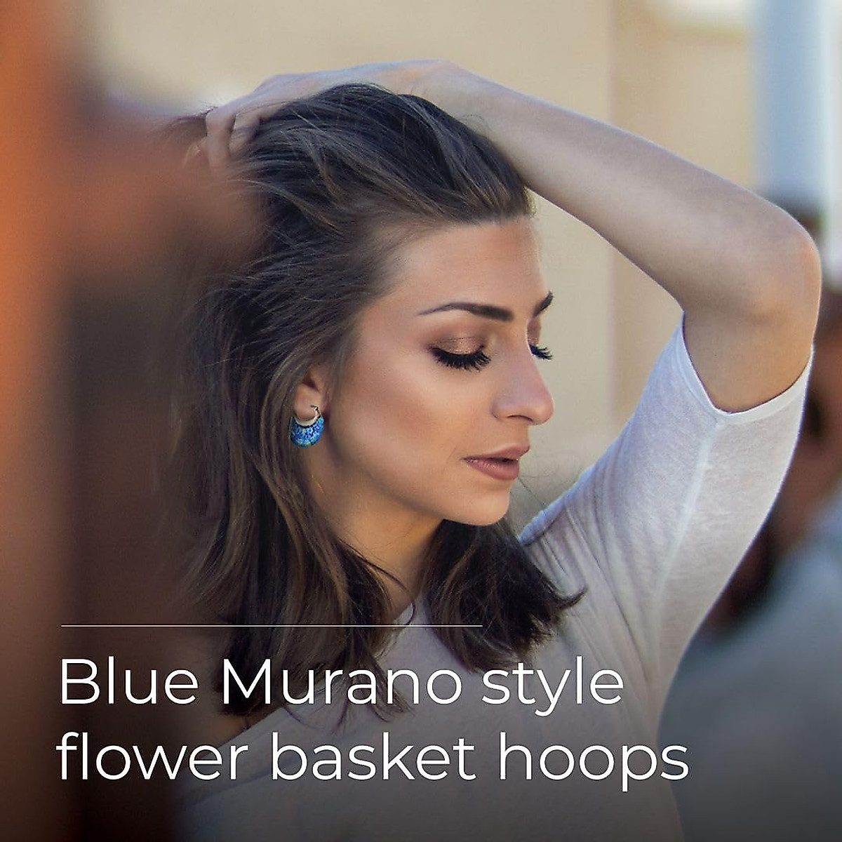 Shop LC Murano Style Millefiori Glass Blue Inside Out Hoop Earrings for Women Basket Style Flower Trendy Fashion Jewelry Stainless Steel Unique Birthday Gifts for Women