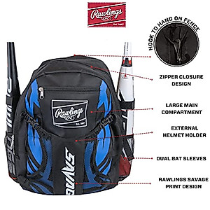 Rawlings Savage Youth Baseball Bag - Kids Bat Bag – Durable Baseball Backpack – Holds Two Bats – Includes Hook to Hang on Fence - Black/Royal