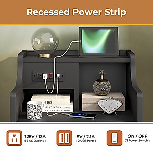 Tiptiper Black Nightstand with Charging Station 3 Drawers, Wood Sofa End Side Table with USB Ports and Outlet, Bedside Table Bedroom Nightstand with Sliding Drawer & Hutch