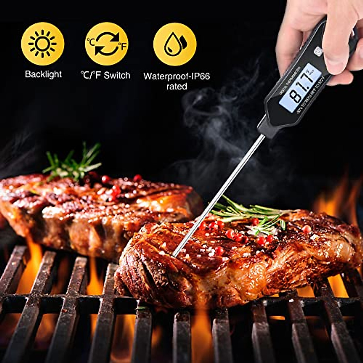 BlueSwan Meat Thermometer, Digital Instant Read Kitchen Food Thermometer, IP66 Waterproof 5.1" Long Probe Thermometer for Cooking, Grilling, Candy, Oil, Milk