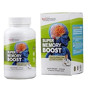 Body Manual Super Memory Boost | Enhances Brain Function & Memory | Turmeric & Pterostilbene to Reduce Inflammation | Ginkgo Biloba, Vitamin D, B5, B12, Folate (60 Serving)