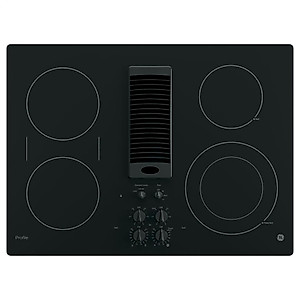 GE PP9830DJBB Profile Series Electric Cooktop with 4 Burners and 3-Speed Downdraft Exhaust System, 30", Black