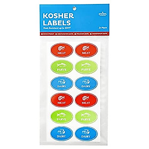The Dreidel Company 24 Assorted Kosher Labels, 8 Blue Dairy, 8 Red Meat, 8 Green Stickers, Oven Proof up to 500°, Freezable, Microwavable, Dishwasher, English, Coded Kosher Kitchen Tools (24-Pack)