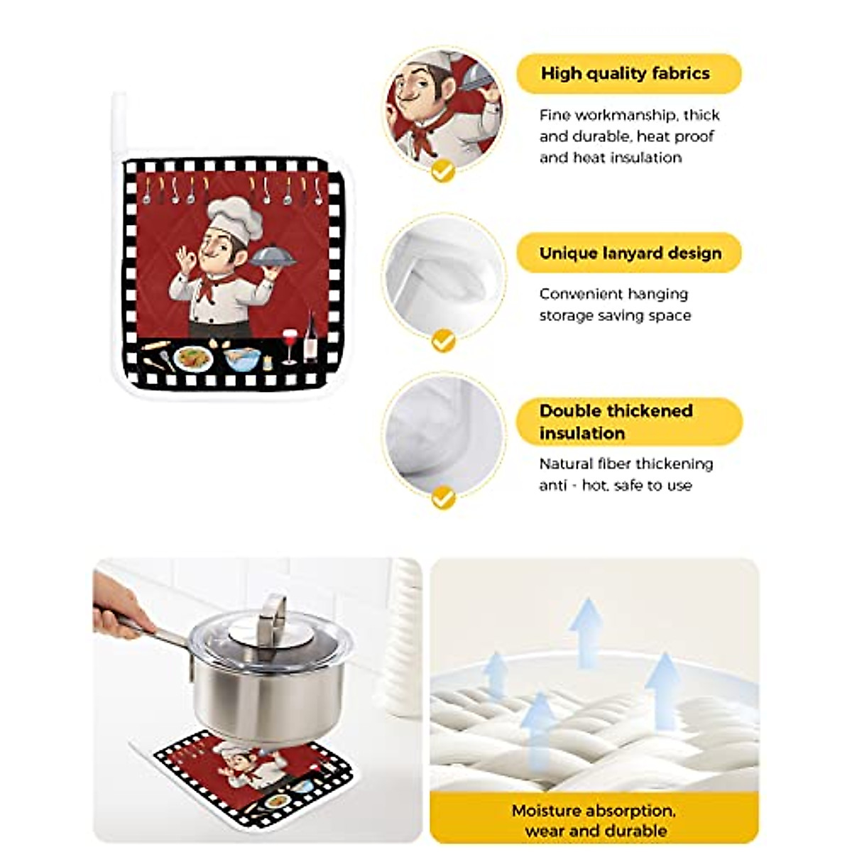 5 Pack Pot Holders for Kitchen,Chef and Gourmet on Red Backdrop Heat Proof Potholder Hot Pads Trivet,Black White Buffalo Plaid Washable Coaster Potholders for Cooking Baking Grilling