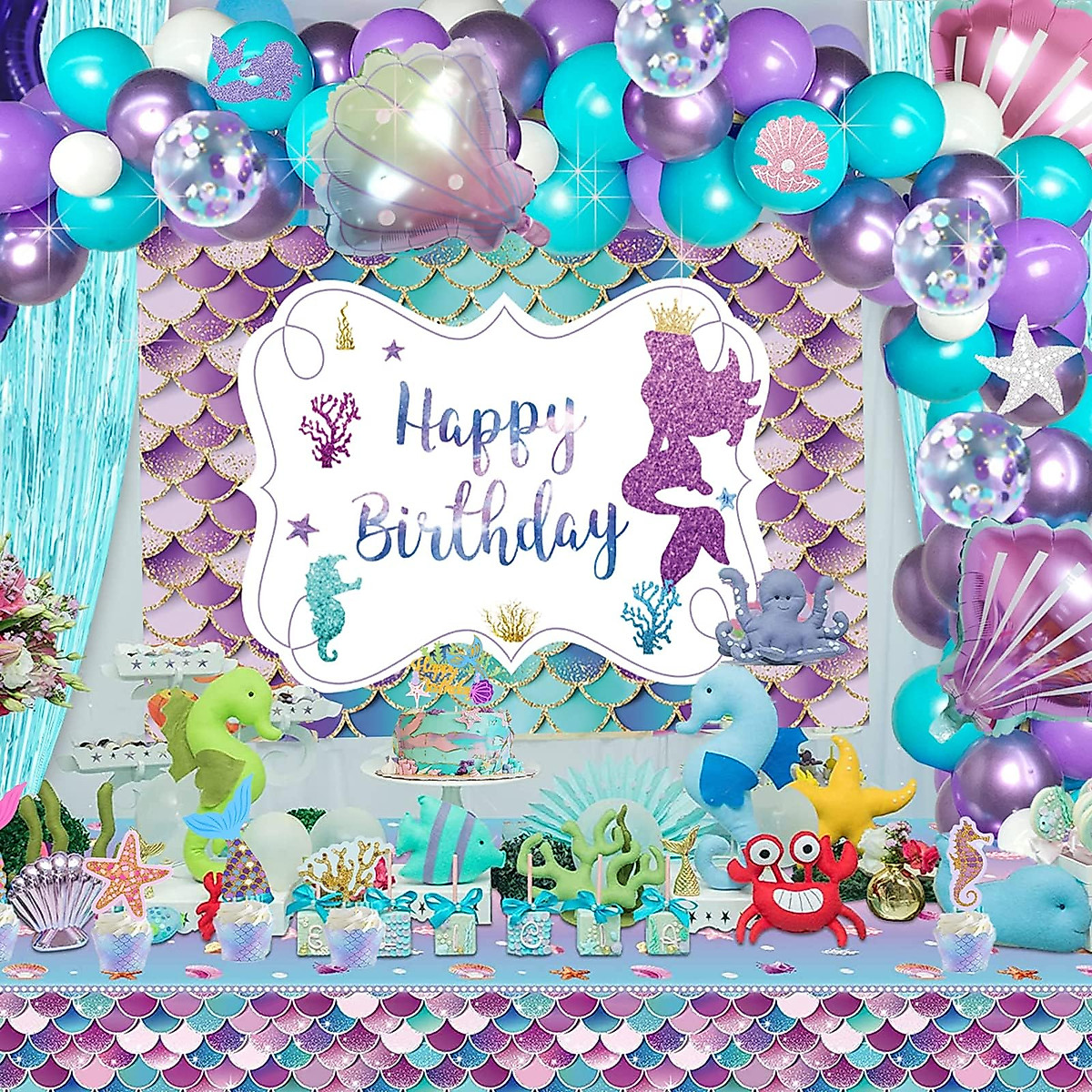 Fiesec Mermaid Birthday Party Decorations, Mermaid Backdrop Balloon Garland Arch Cutout Banner Tablecloth Cake Cupcake Topper Seashell Mermaid Tail Gold Teal Blue Purple 113 PCs