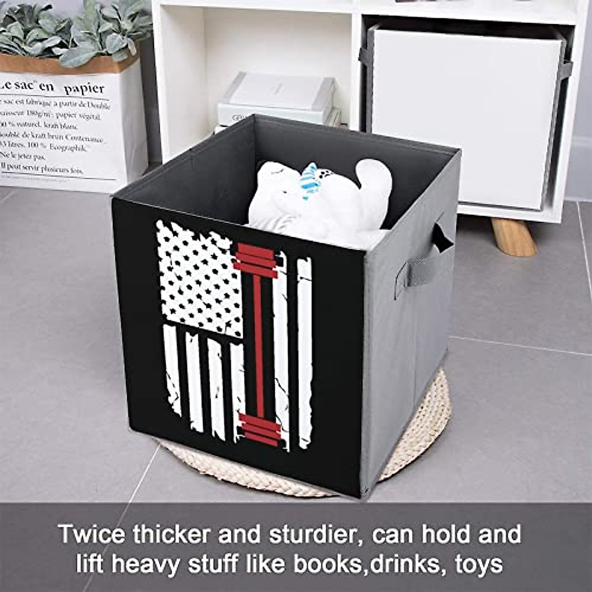 Gym Weightlifting American USA Flag Canvas Collapsible Storage Bins Cube Organizer Baskets with Handles for Home Office Car