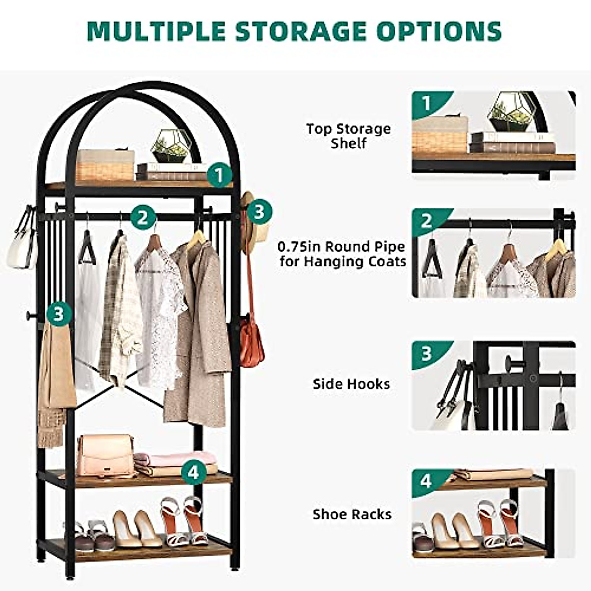 YITAHOME Industrial Hall Tree Garments Rack with Storage Shelves and Hanging Rod, Coat Rack Freestanding with 8 Hanging Hooks, Tall Clothes Rack Closet Organizer for Hallway, Bedroom, Rustic Brown