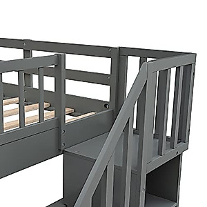 BIADNBZ Full Over Full Bunk Bed with Twin Size Trundle, Storage Stairs and Guard Rail, Solid Wood Detachable BunkBed Frame for Teen/Adults Bedroom, Gray