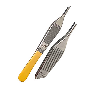 German Grade Adson Dressing Forceps Micro 4.75" with Tungsten Carbide Inserts and Gold Handle Premium Dental Instruments Cynamed
