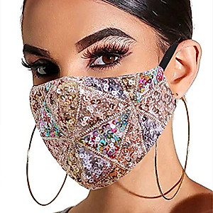 GORTIN Sparkle Sequins Mouth Cover Glitter Washable Masquerade Mouth Shield Breathable Reusable Dust Proof Mouth Coving Decorative Party Jewelry Accessory Filter Pocket for Women Girls (Gold)