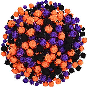 600 Pieces Halloween Pom Poms Assorted Glitter Pom Poms Fluffy Balls for Halloween DIY Crafts Party Decorations, 3 Colors