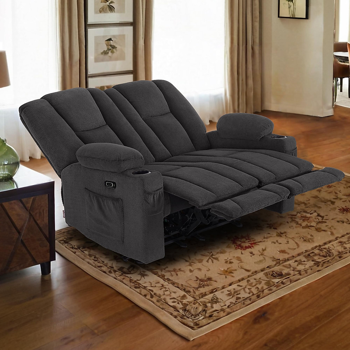 MCombo 61.8" Power Loveseat Recliner with Heat and Vibration, Fabric Electric Reclining Loveseat, USB Charge Port, Cup Holders for Living Room 6025 (Grey)