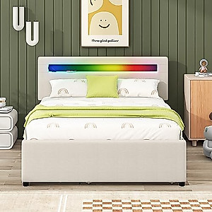 Linique Queen Size Upholstered Storage Platform Bed with Twin Size Trundle and 2 Drawers,Headboard with LED Light and USB Charging,Beige