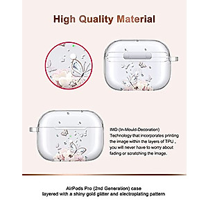 JAHOLAN for Airpods Pro 2nd Generation Case Cover Gold Plated Butterfly Design Protective TPU Skin for Women Girl with Keychain Compatible with AirPods Pro 2019/Pro 2 Gen 2022, Flower Pink