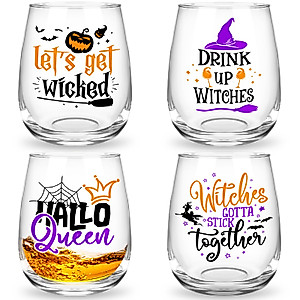4 Pack Stemless Wine Glasses for Halloween, 15 Oz Funny Drinking Glasses Halloween Witch Cup Wine Glass Tumbler for Halloween Party Housewarming Gift Suitable Whiskey Cocktail Tea Water Juice