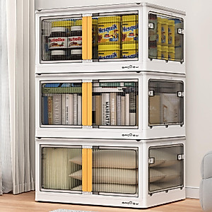 BROVIEW V5 75Gal Plastic Storage Bins with Lids, 3Pack Stackable Collapsible Storage Bins for Closet Organizers and Storage, Folding Storage Container Open Front Cabinets with Doors and Wheels, White