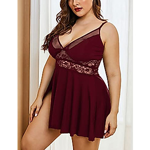 XAKALAKA Women's Plus Size Lingerie Babydoll Front Slit Lace Mesh Chemise Sleepwear Wine XL