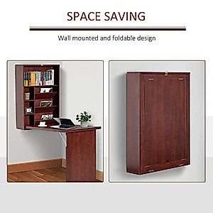 HOMCOM Compact Fold Out Wall Mounted Convertible Desk with Storage, Mahogany
