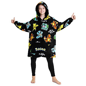 Pokemon Oversized Hoodie Blanket for Kids, Pikachu Gifts for Boys (Black Aop)