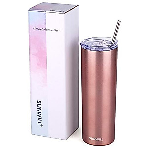 SUNWILL Straw Tumbler Skinny Travel Tumbler with Lid, Vacuum Insulated Double Wall Stainless Steel 20oz for Coffee, Tea, Beverages, Rose Gold