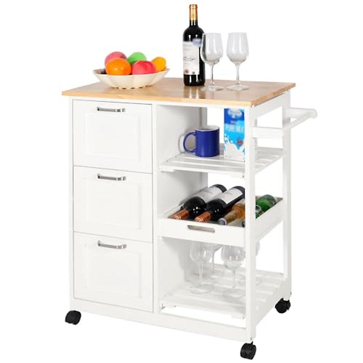 AKVOMBI Rolling Kitchen Island Cart with Wood Countertop, White Kitchen Trolley Carts on Wheels with 3 Drawers, Towel Rack, Adjustable Shelves