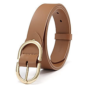 CR Womens Brown Leather Belts for Jeans Pants - 1.3" Width Casual Ladies Tan Belt - Fashion Center Bar Gold Buckle