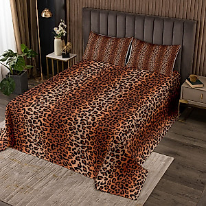 Castle Fairy Leopard Print Bedspread Twin Size Brown Africa Wild Animals Fur Bedding Set Cheetah Skin Comforter Set 2pcs for Kids Girls Women Teens Room Decor Stripes Romantic Quilt Set,1 Pillowcase