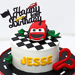 Marwey Race Car Birthday Cake Topper Happy Birthday Cake Decor Chequered Flag Themed Party Supplies Decorations(Doubled-Sided)
