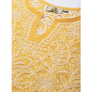 Ada Indian Hand Embroidered Chikankari Women's Georgette Yellow Top Tunic Shirt Kurti A911231 (Large)