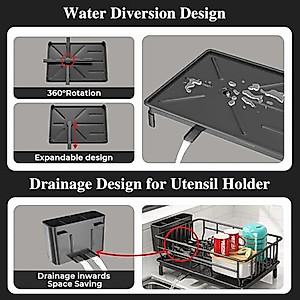 Famhap Small Dish Drying Rack, Dish Rack with Drainboard Dish Drainers for Kitchen Counter Sink Adjustable Spout, in Sink Dish Strainers with Utensil Holder and Knife Slots, Black