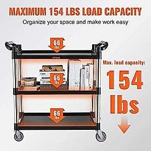 VEVOR Utility Service Cart, 3 Shelf Heavy Duty 154LBS Food Service Cart, Rolling Utility Cart with Lockable Wheels, 32.7" x 15.7" x 37.4" Plastic Utility Cart for Kitchen Office Restaurant Home, Black