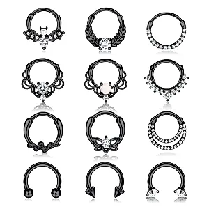 Besteel 12Pcs Septum Rings 16G Daith Earrings Nose Rings Hoop Stainless Steel CZ Opal Cartilage Helix Tragus Earrings Septum Clicker Piercing Jewelry Black