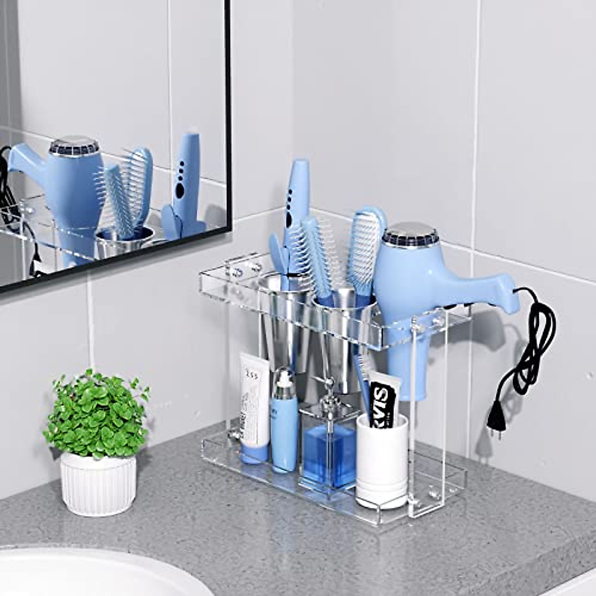 HIIMIEI Hair Tool Organizer, Clear Acrylic Blow Dryer and Curling Iron Holder, 2 Tier Bathroom Counter Storage, Vanity hairdryer Stand for Lotion Makeup Cosmetics Perfume Makeup Toiletries