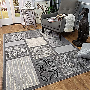 Rubber Backed Area Rug, 58 x 78 inch (fits 5x7 Area), Grey Geometric, Non Slip, Kitchen Rugs and Mats