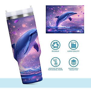 Slewiaeky Skinny Rose Flower 40 oz Tumbler with Handle Straw and Lid Dolphin Stainless Steel Vacuum Insulated Reusable Water Bottle Glasses Travel Mug Thermal Cup for Home Office Car
