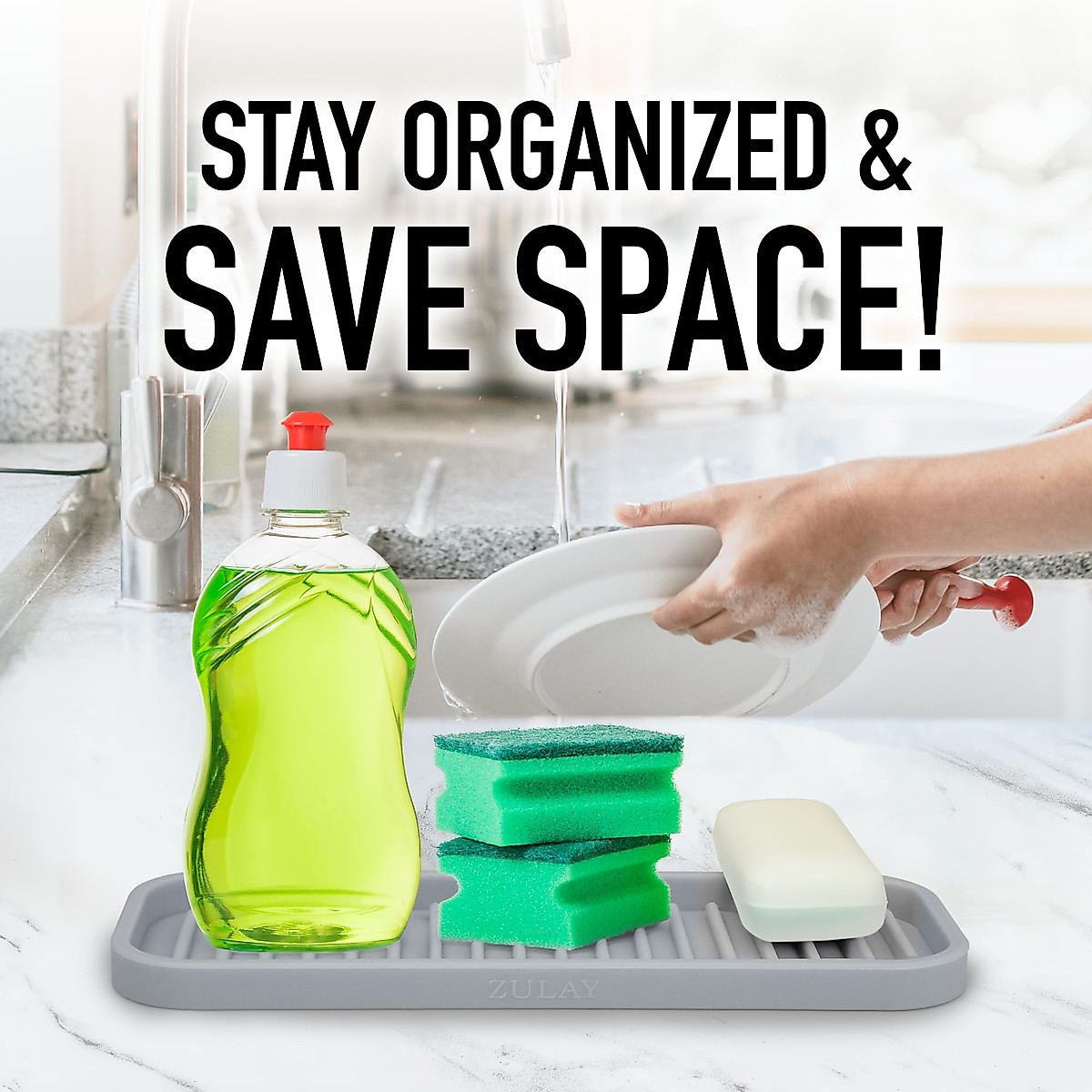 Zulay (9x3.5) Silicone Sponge Holder for Kitchen Sink - Flexible Multipurpose Kitchen Soap Tray Sponge Holder - Sink Organizer Tray for Kitchen, Bathroom, Makeup, Trinkets & More (Gray)