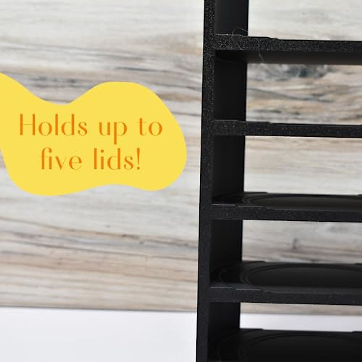 Tumbler Lid Storage Rack | Organize Cup Lids In Cabinets or Counters | 5 Lid Organizer | Made in USA (Black)