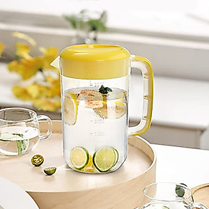 Jucoan 1 Gallon Plastic Straining Pitcher, Large Water Carafe Drink Pitcher Jug Clear Ice Tea Maker Beverage Pitcher with Yellow Strainer Cover, Handles, Measurements, Perfect for Ice Tea, Lemonade